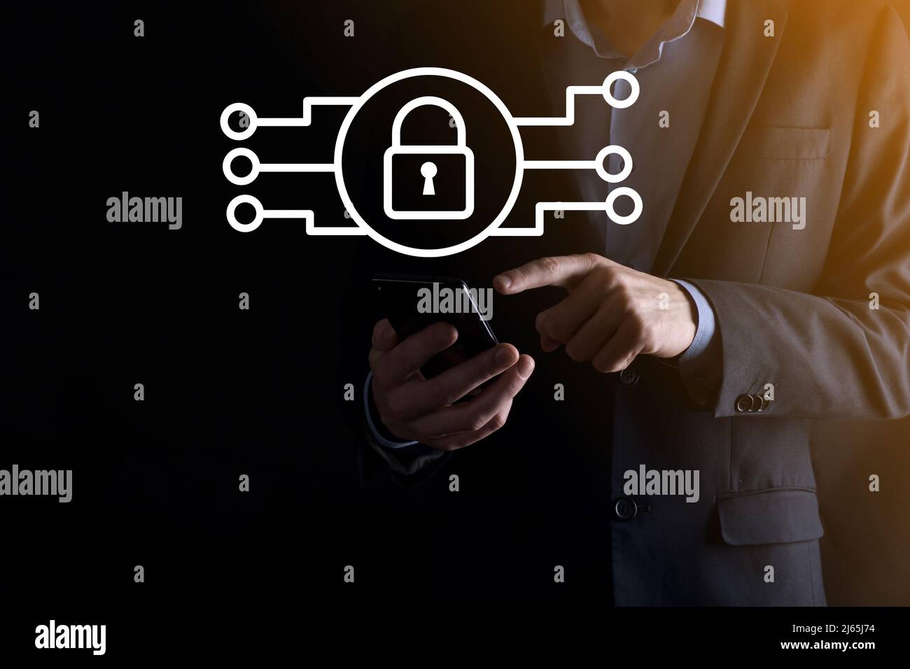 Cyber security network. Padlock icon and internet technology networking. Businessman protecting ...
