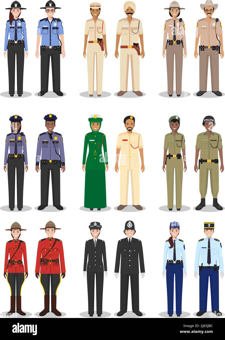 Detailed illustrations of police different countries in a flat style on ...