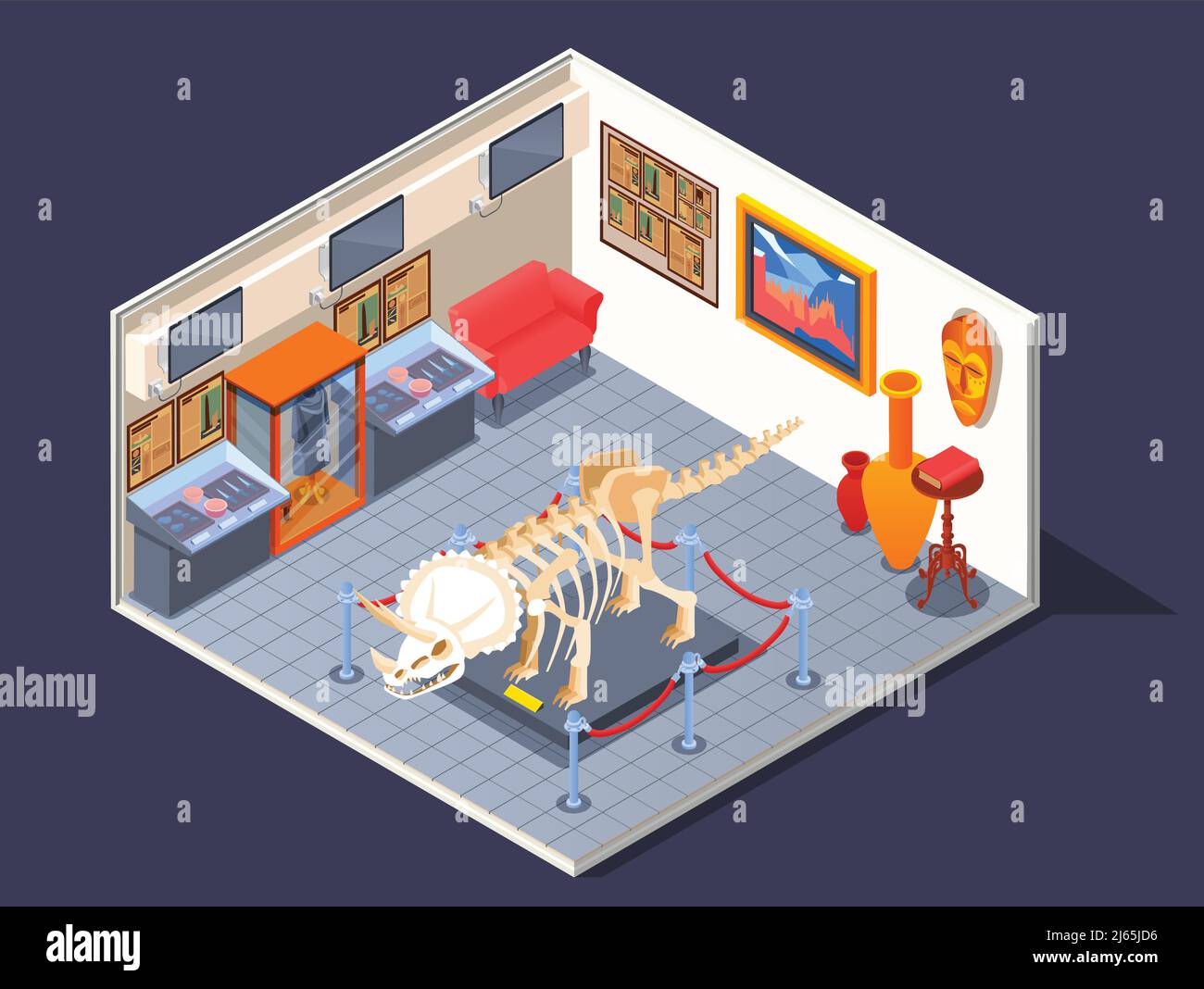 Museum isometric composition with room interior and dinosaur skeleton ...