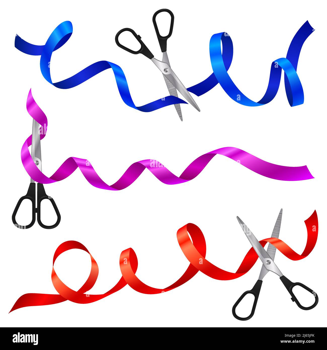 Set of colorful swirling ribbons with metal scissors as symbol of ...