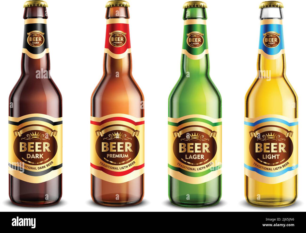 Set of realistic glass beer bottles with stickers and aluminum lids ...