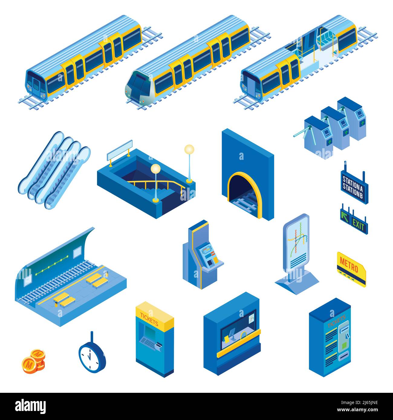 Isometric set of various underground metro station elements with ...