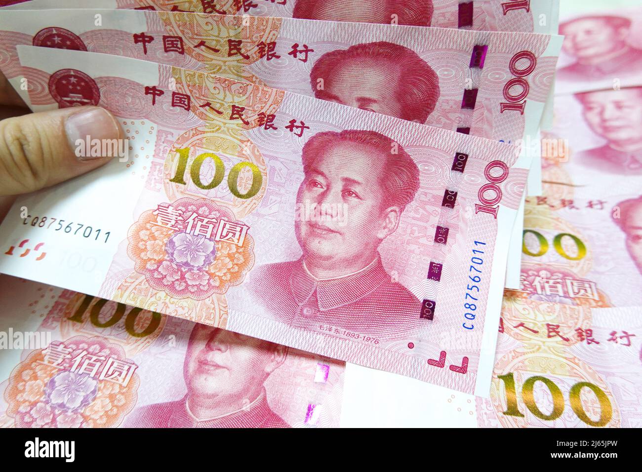 100 Chinese Yuan Renminbi banknote seen displayed. China's interbank ...