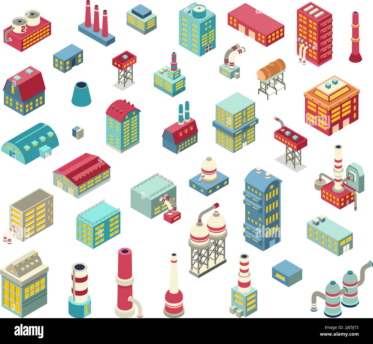 Set of isometric factory objects including industrial buildings ...
