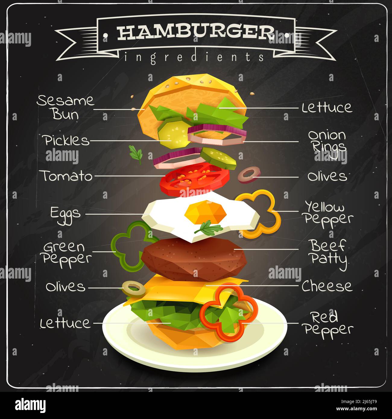 Hamburger ingredients including sesame bun, vegetables, eggs, beef ...