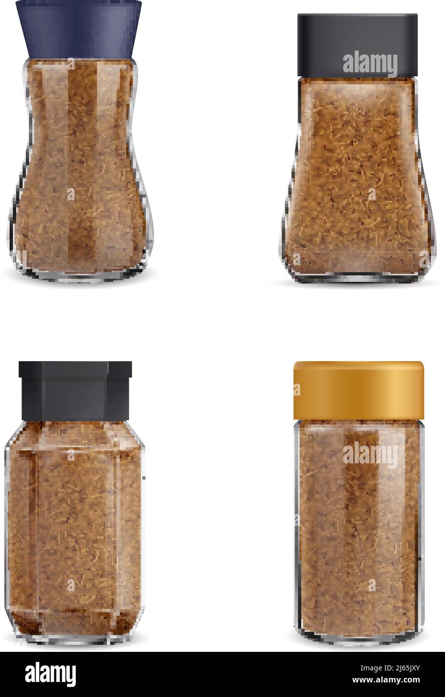 Instant coffee 4 realistic various shape glass and plastic jars ...