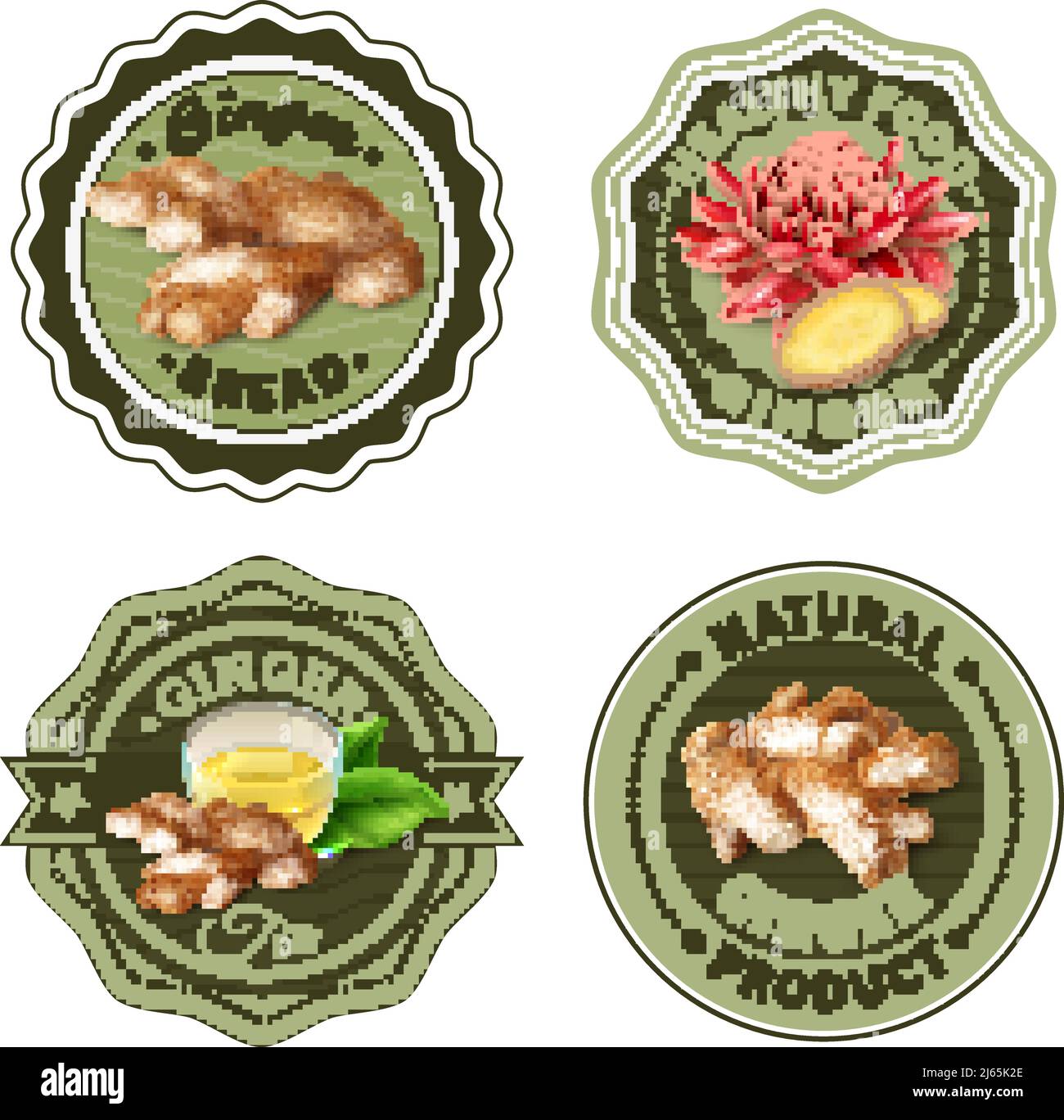 Set of labels with design elements for ginger products including fresh ...