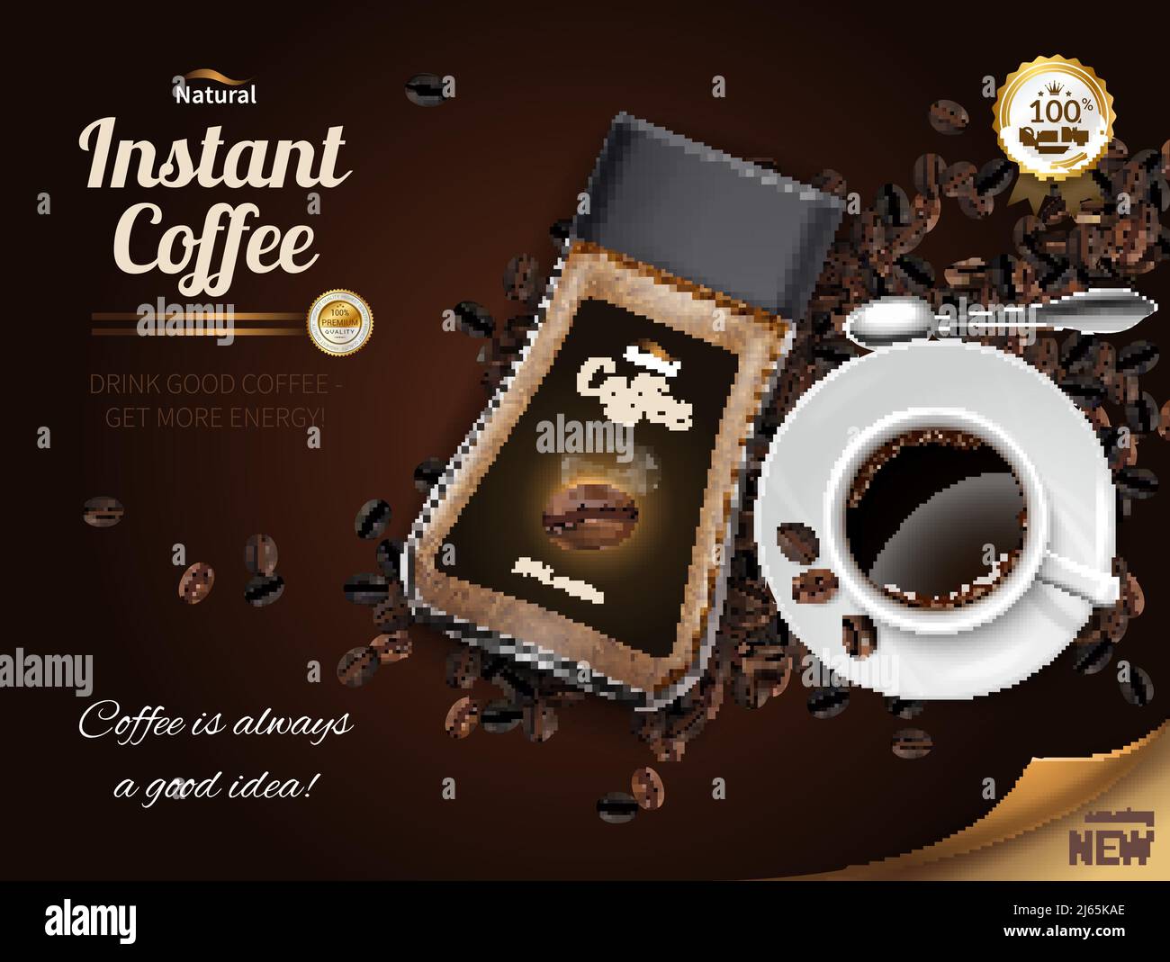 Instant coffee realistic poster with cup of good black beverage and jar ...