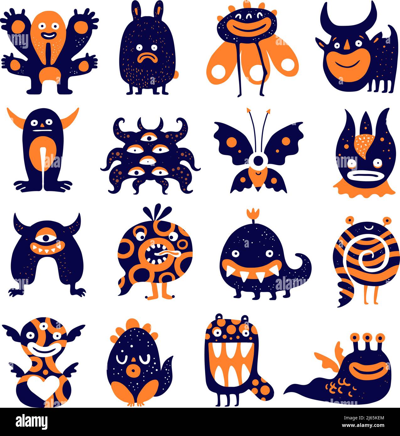 Funny monsters big set with butterfly scary plant sad rabbit spiral ...