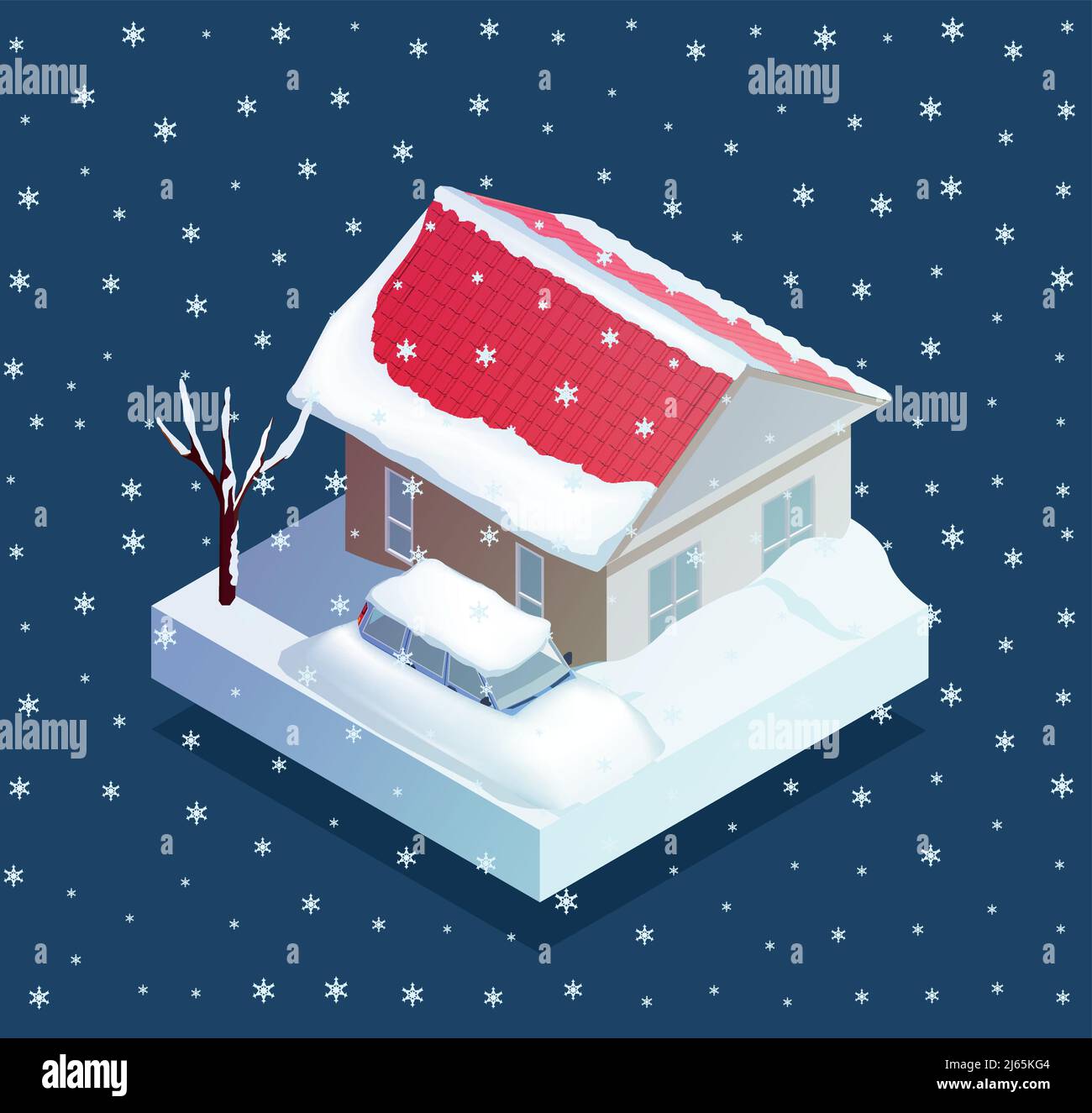 Natural snow disaster with extreme snowfall symbols on blue background ...