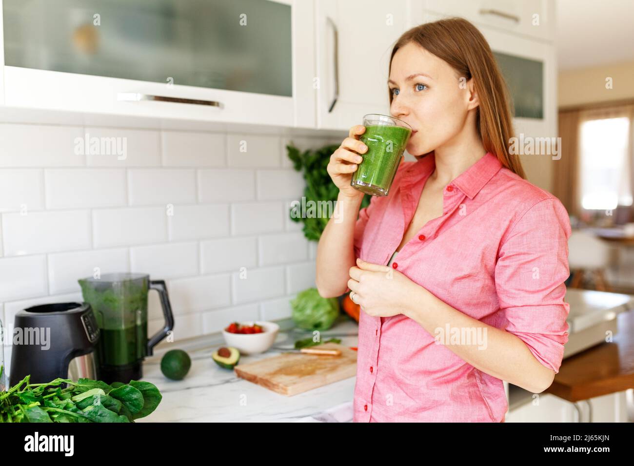 Healthy Meal Happy Beautiful Smiling Woman Drinking Green Detox