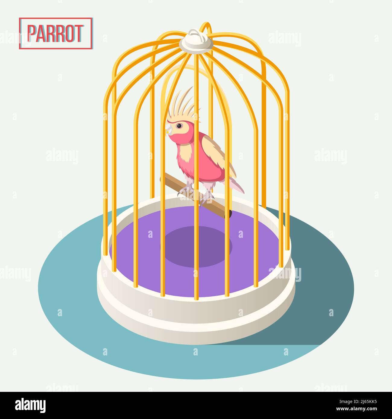 Exotic pets isometric composition with parrot sitting on wooden perch ...