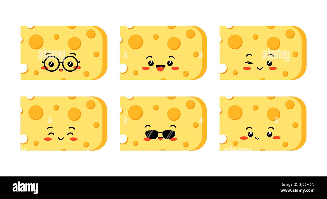 Cute cheese character with hole slices vector set isolated on white ...