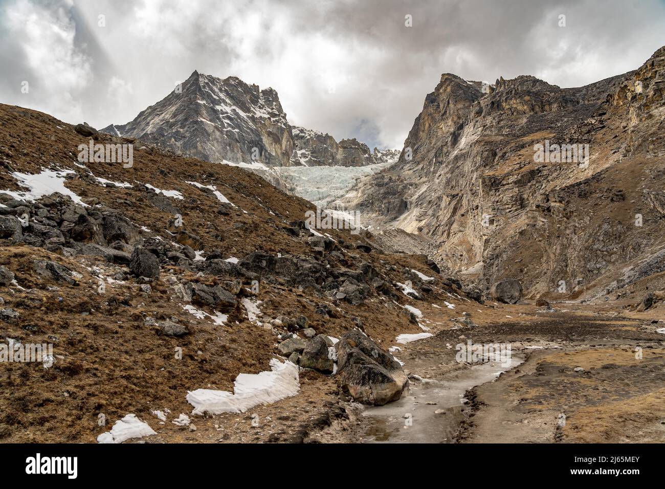 A Barren Valley with Snowy Mountains in the Background and a glacier ...