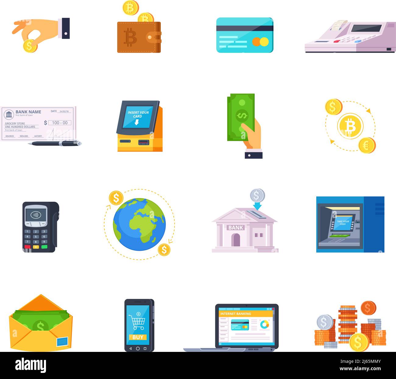 Financial technology orthogonal flat icons set with credit cards online ...