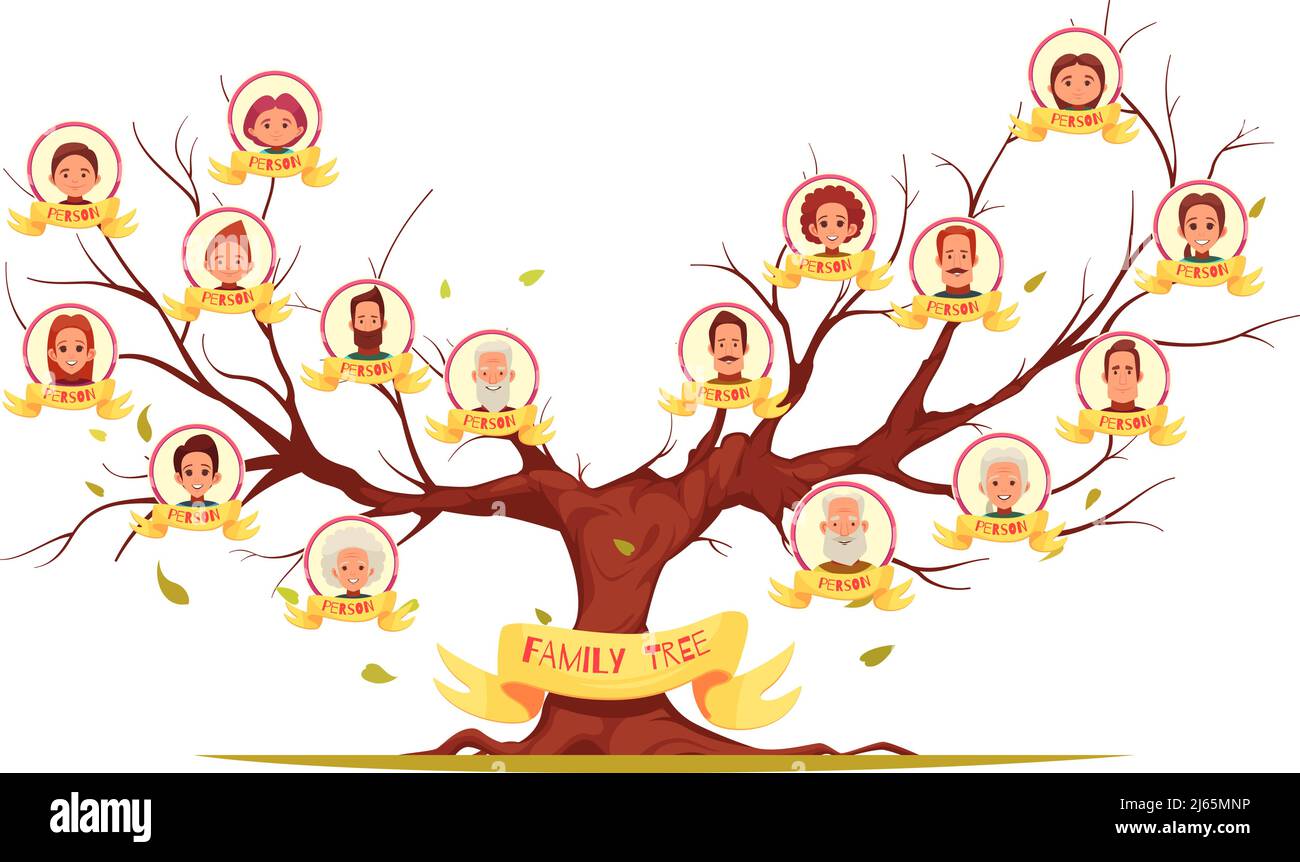 Family tree with pictures of relatives in round frames on bare branches ...