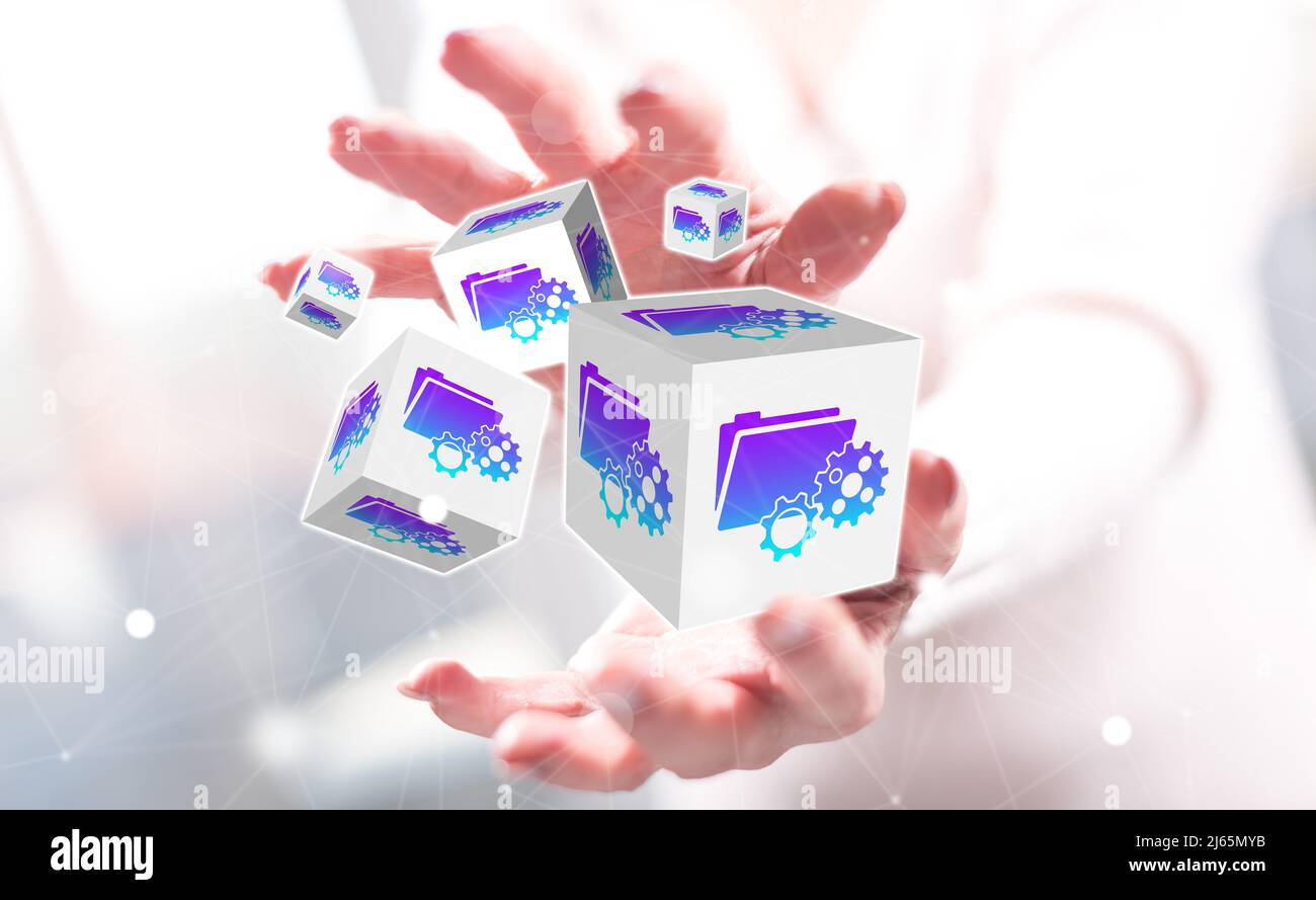 Document management concept between hands of a woman in background ...