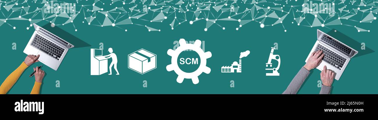 Top view of hands using laptop with symbol of scm concept Stock Photo ...
