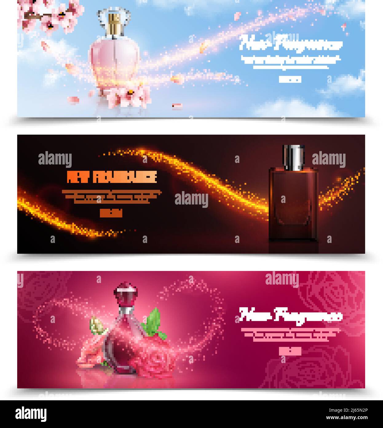 New fragrance horizontal cosmetics banners with bottles of perfume and ...