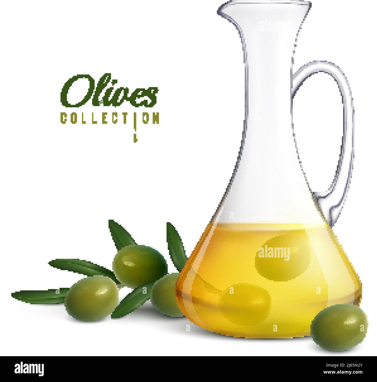 Olives collection realistic composition with glass jug of olive oil and ...