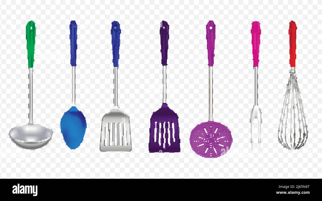 Kitchen tools metal with colorful plastic realistic set with ladle ...