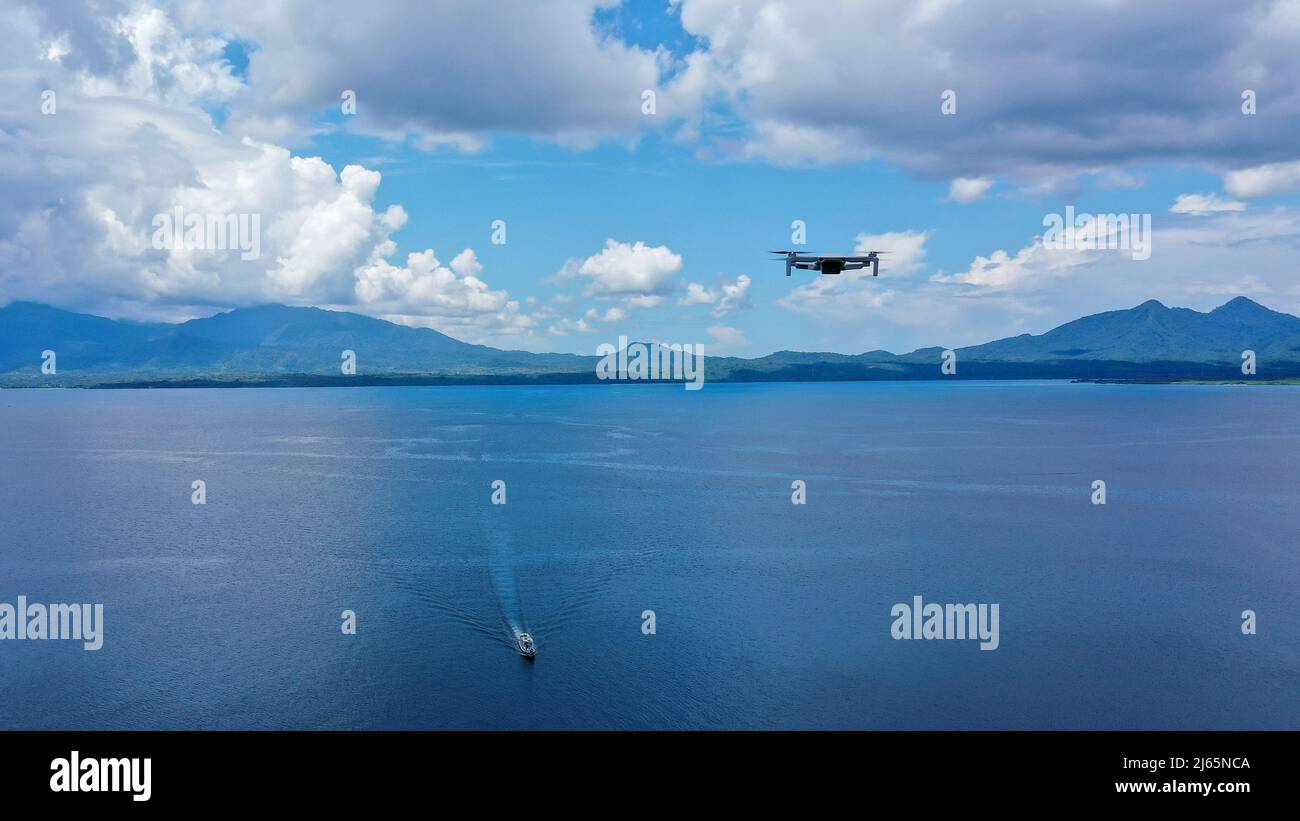 Clode up Drone Hanging in Air on Nature Background. Flying Helicopter ...