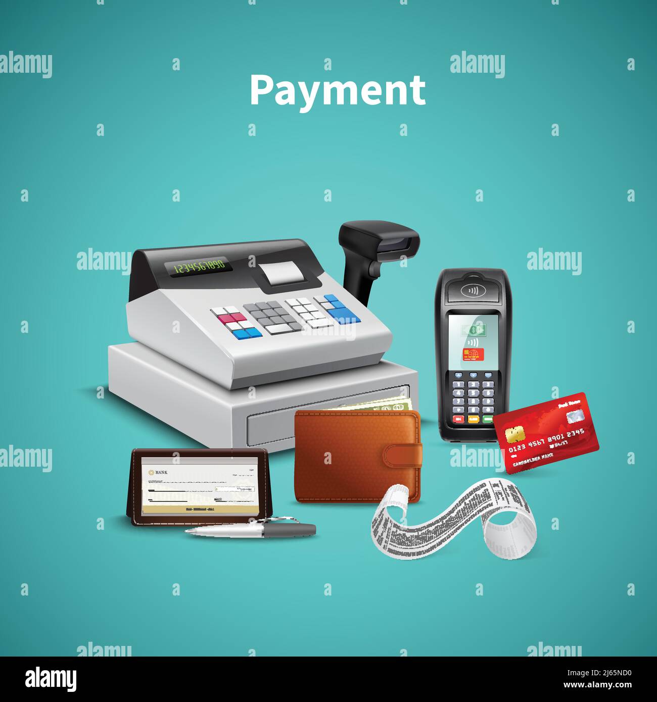 Payment processing on pos terminal wallet with money cash register realistic composition on ...