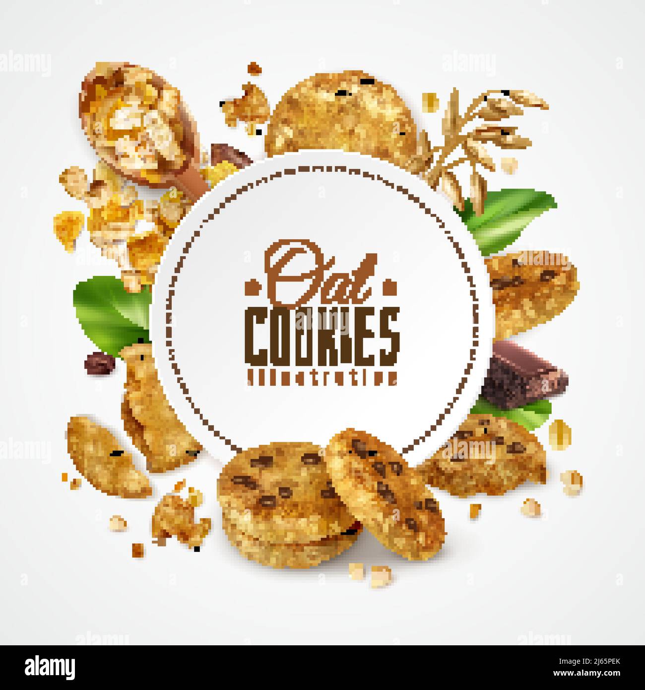 Oat cookies frame illustration decorated green mint leaves and slice of ...