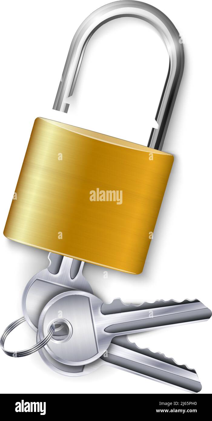 Graceful gold metallic padlock with kit of three keys on white ...