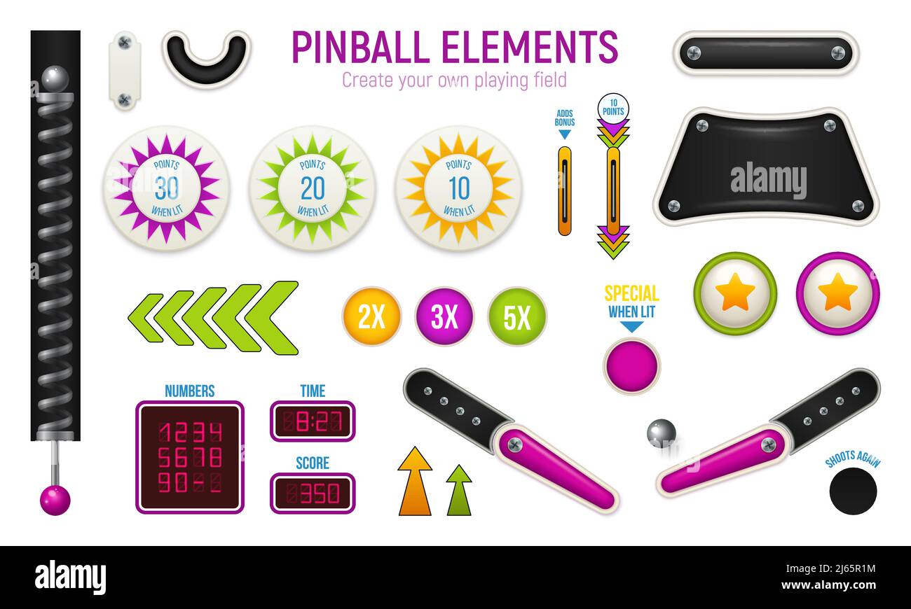 Isolated and colored pinball horizontal icon set with different ...