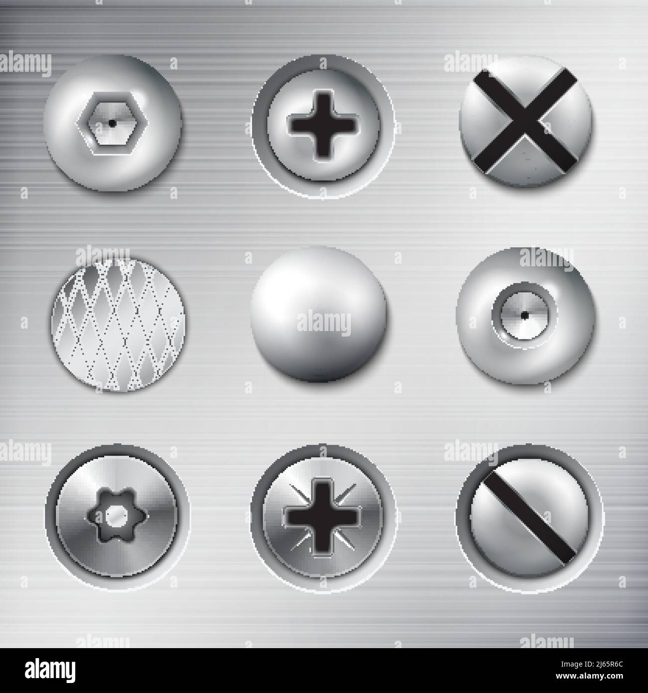 Set of realistic attached fasteners screws bolts nails on metal texture ...