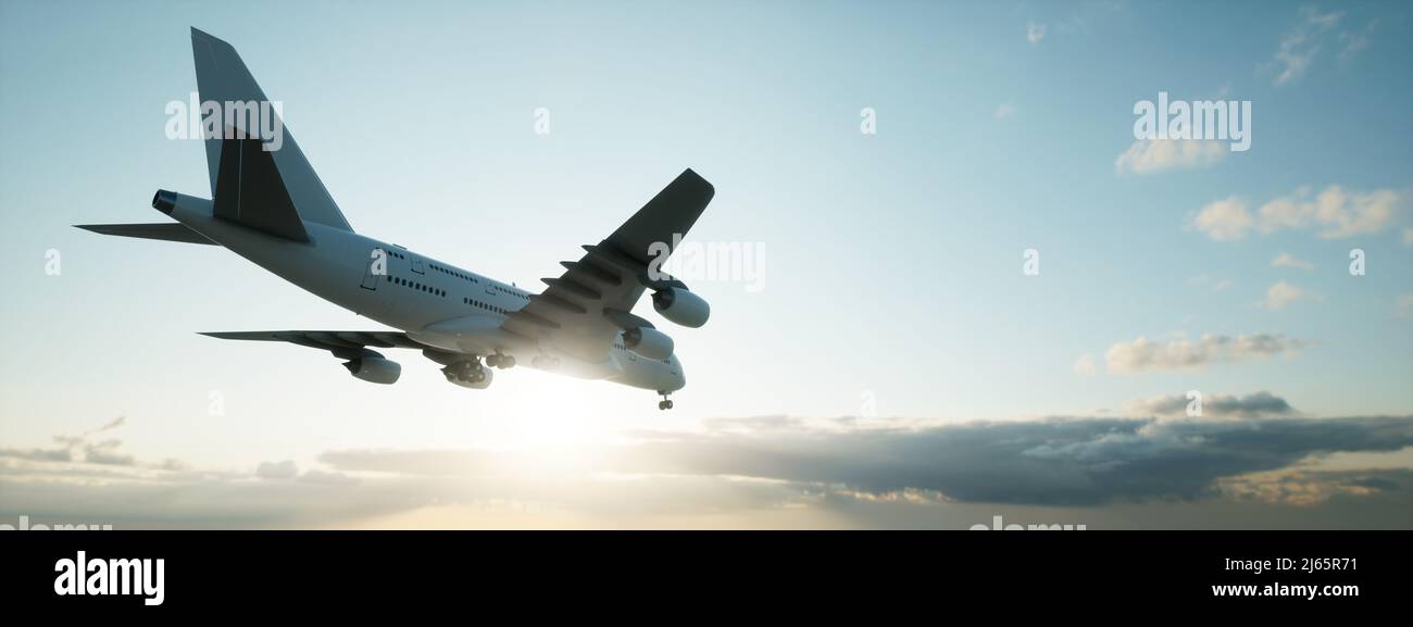 Conceptual flying white passenger jetliner or commercial plane after ...