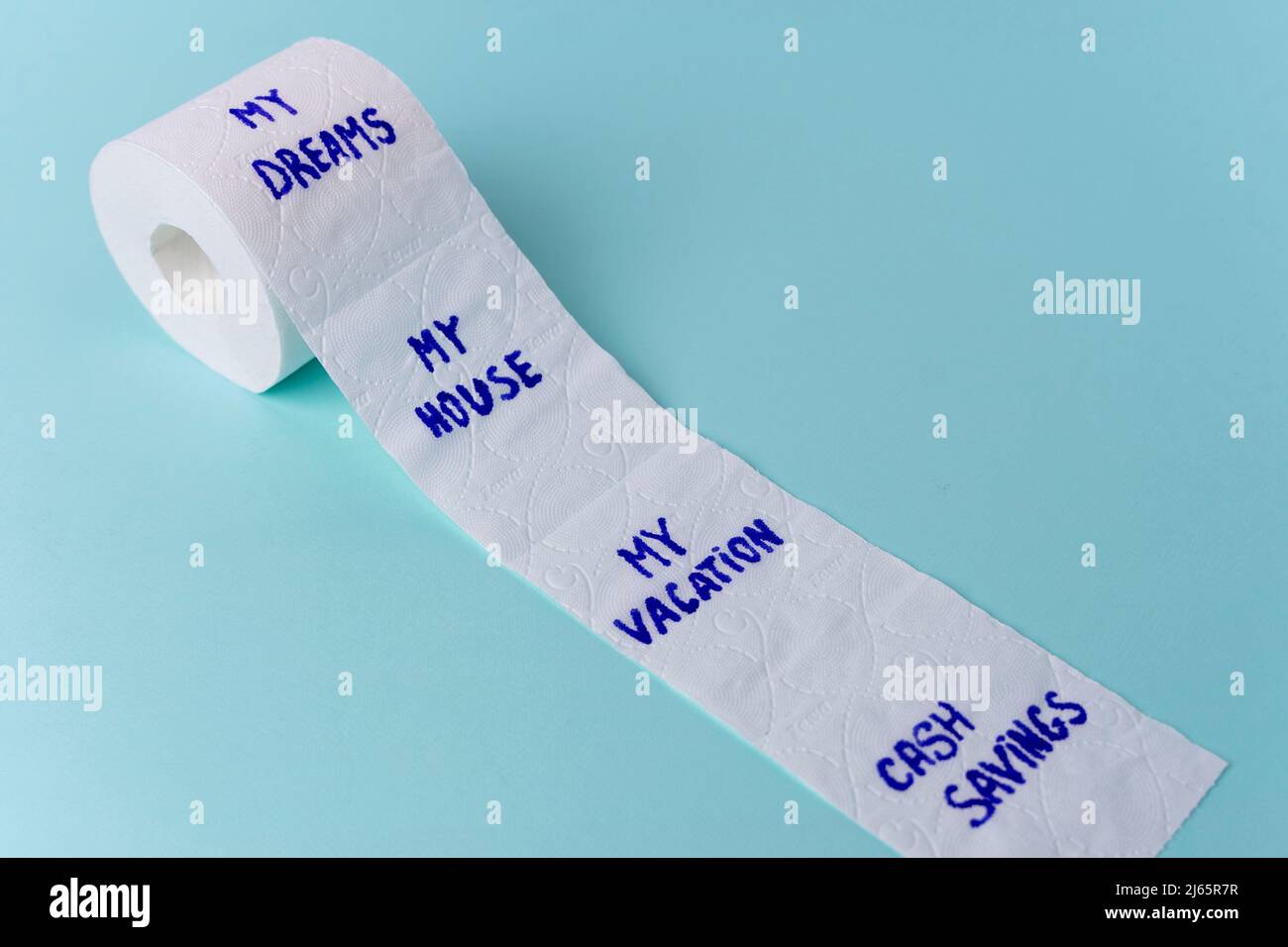 a roll of toilet paper with inscriptions about lost savings, pension ...