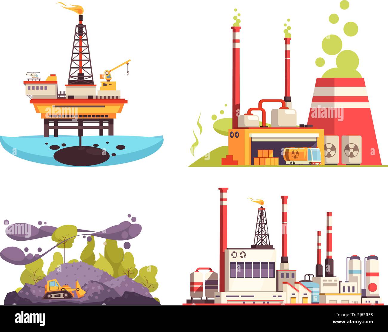 Industry 2x2 design concept set of oil offshore platform refinery power ...