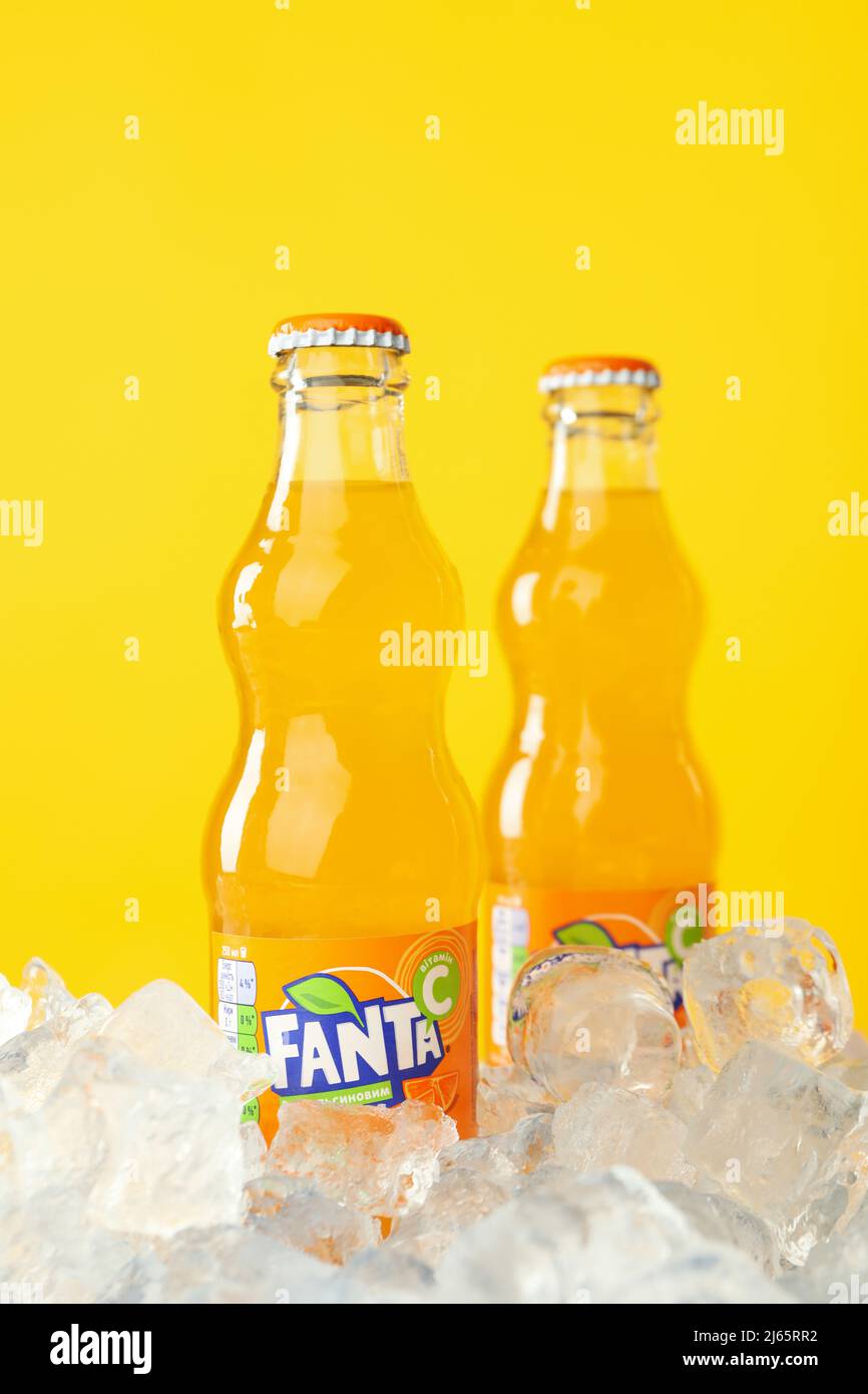 Odessa, Ukraine - 20 January 2022. Fanta bottles in ice on yellow ...