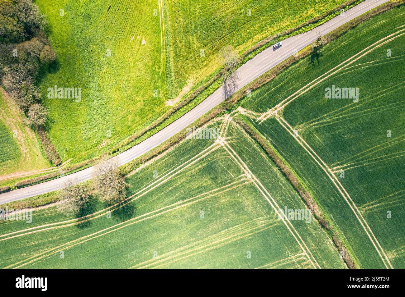 Top Down over Fields and Farmlands, English Village, Devon, England ...