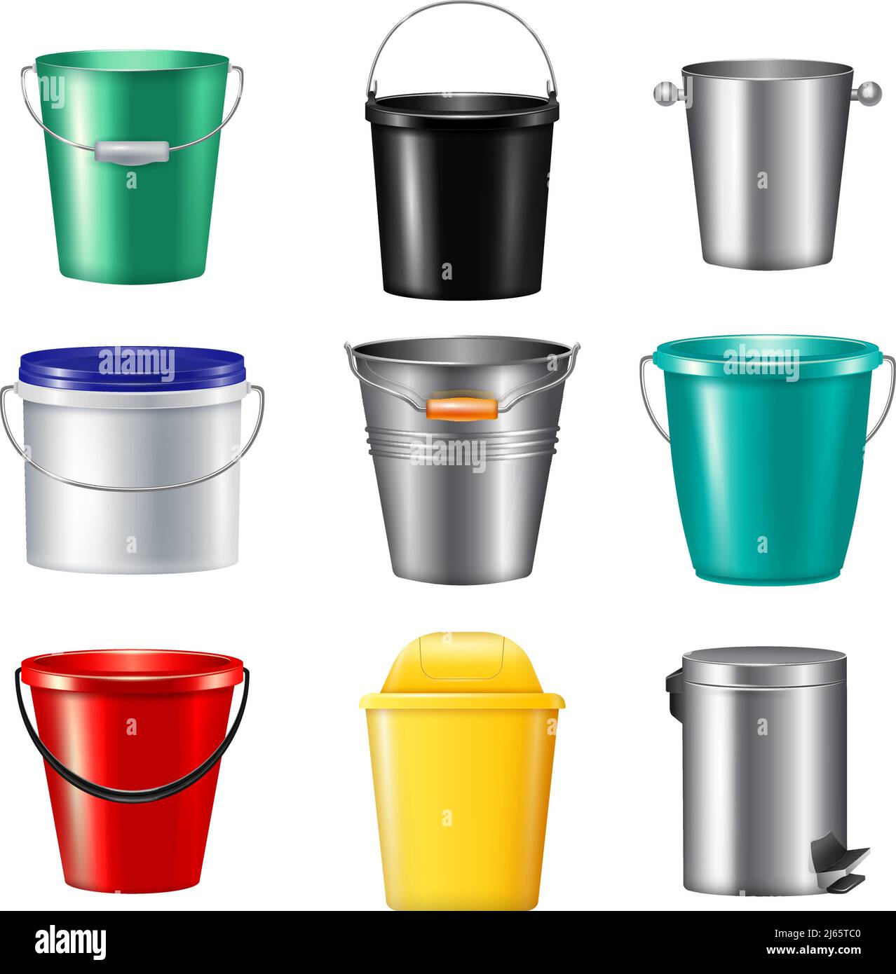 Nine isolated realistic buckets icon set plastic and metallic for ...