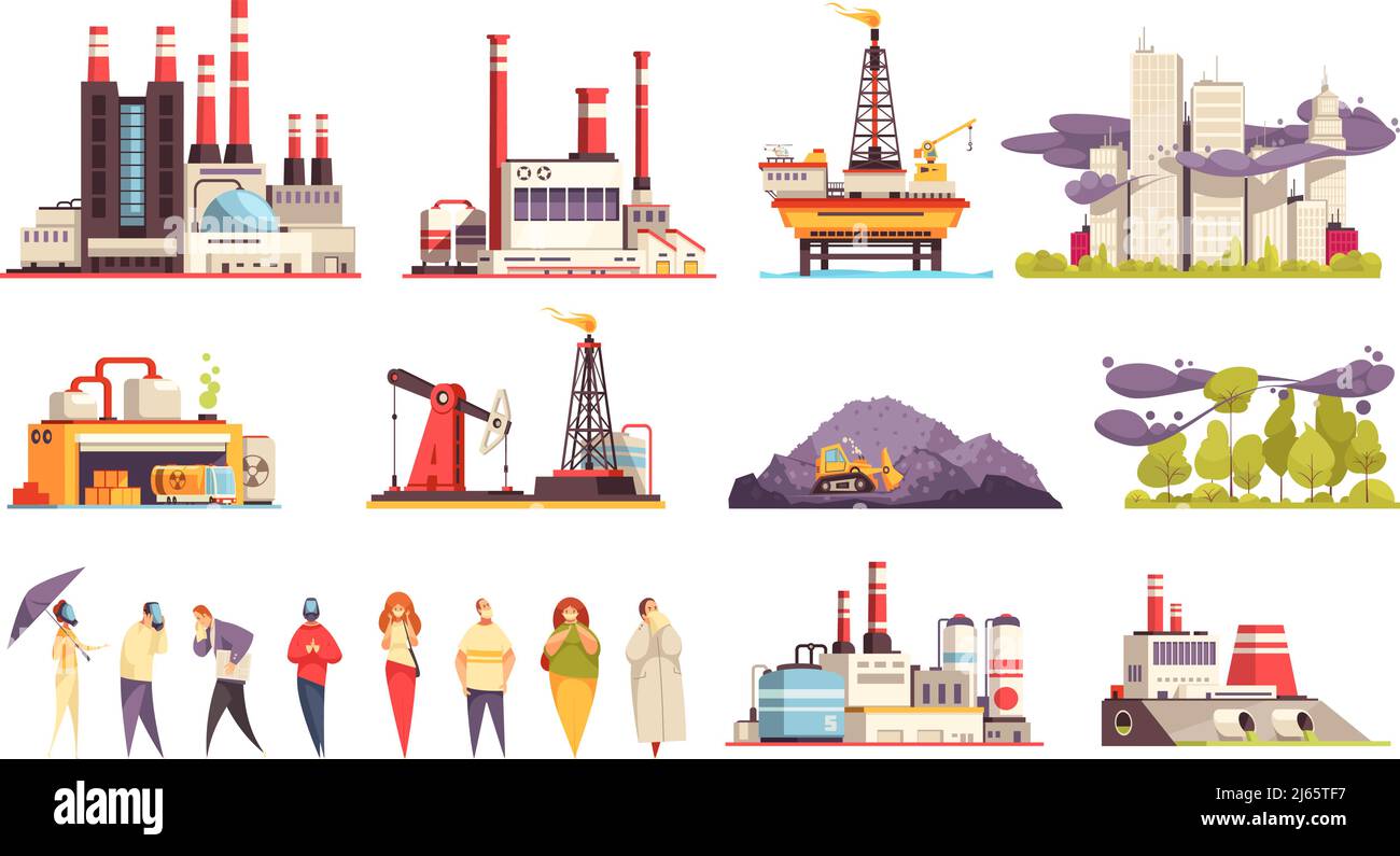 Industrial buildings cartoon set of factories power plants oil offshore ...