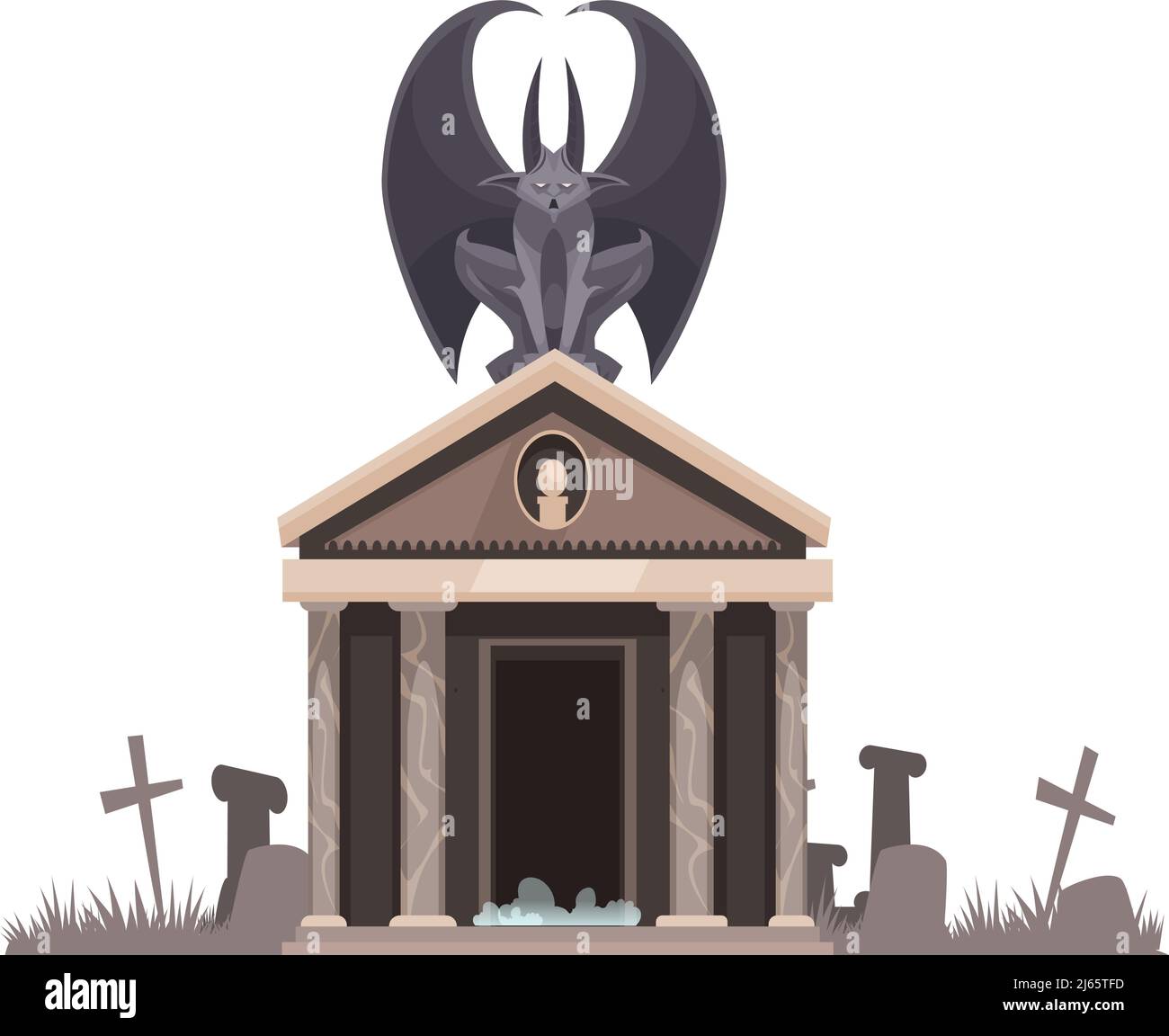 Dark evil with spread wings sitting on roof of the cemetery crypt near ...