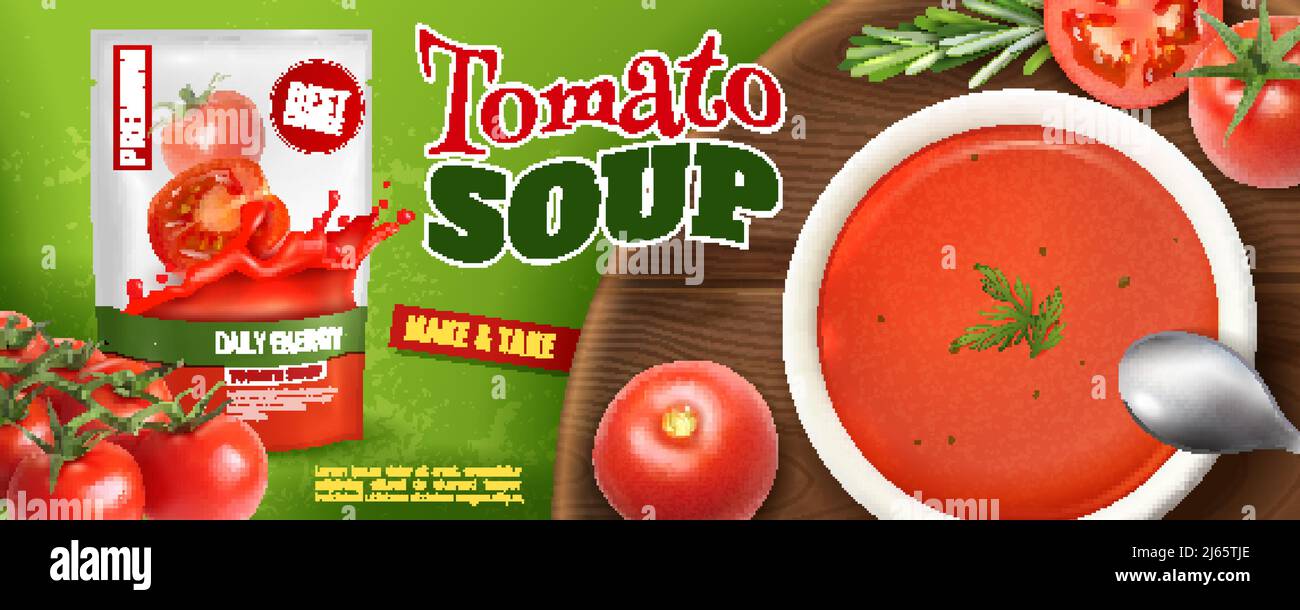Realistic tomato soup advertising poster with branded packaging and ...