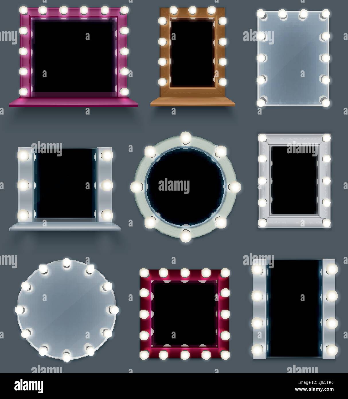 Realistic set of colorful make up mirrors of different shape with light ...