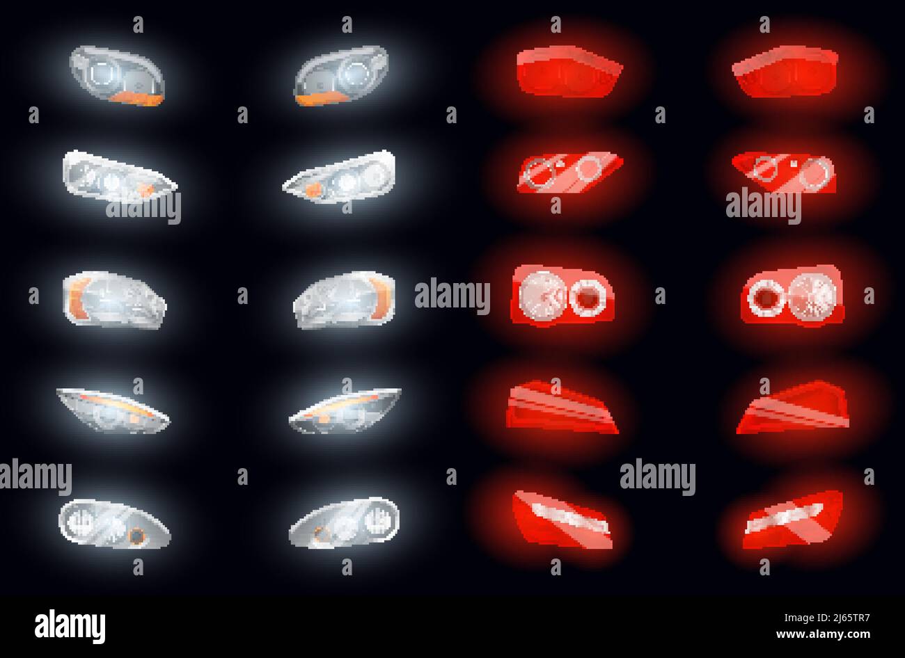 Set of ten realistic auto headlights and ten glowing brake lights ...