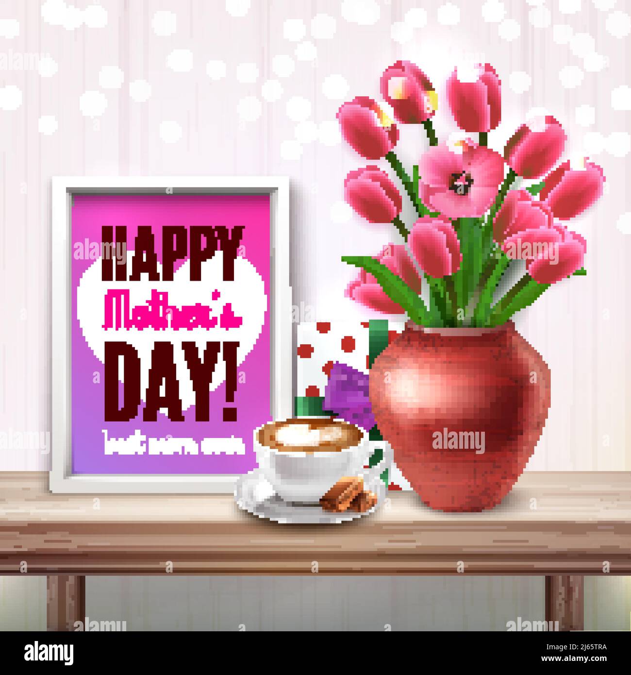 Mothers Day colored composition with bouquet of tulips gift cup of ...