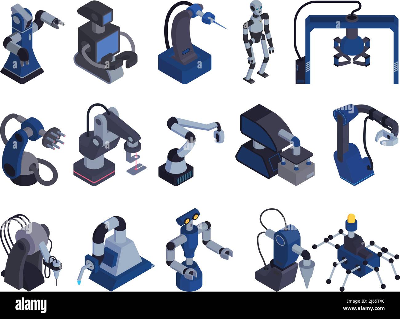Robot automation color set with isolated isometric images of special purpose robot handlers and ...