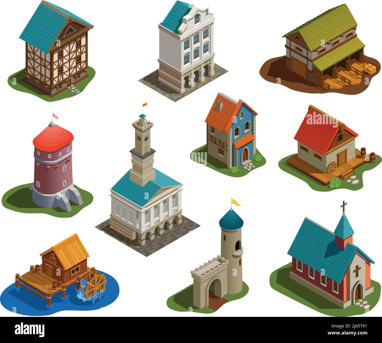 Medieval sttlement architecture isometric buildings set with castle ...