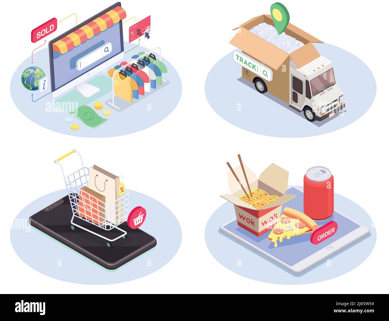 Four shopping e-commerce isometric compositions set with conceptual ...