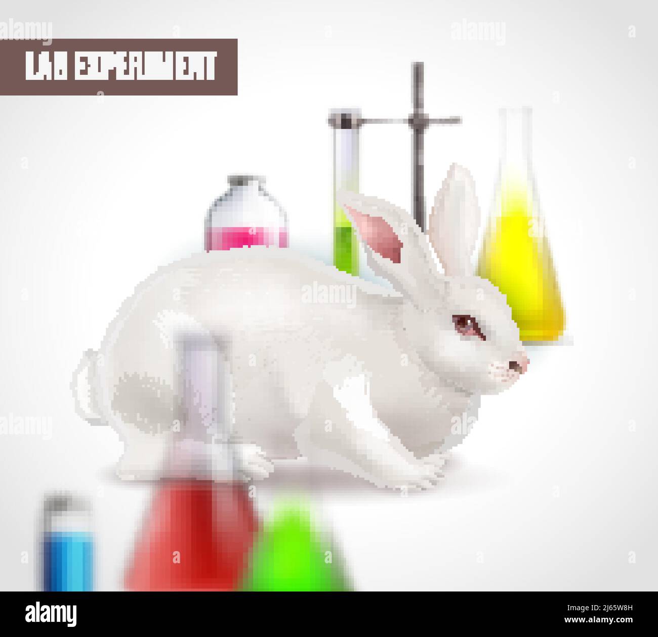 Scientific lab experiment poster with white rabbit and tubes with ...