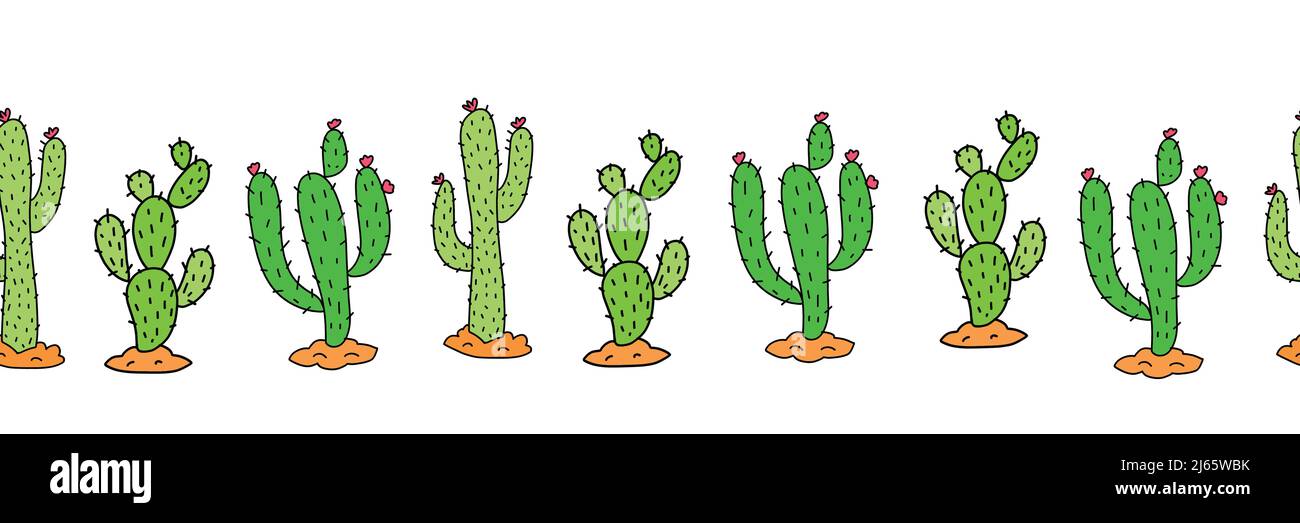 Desert cactus plants seamless vector border. Wild West repeating ...