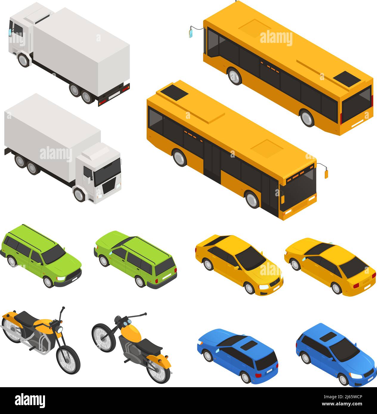 Isometric colored city transport set with different truck bus cars in ...