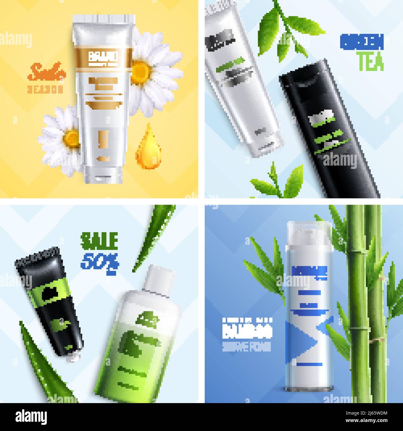 Four square organic cosmetics ingredients icon set with sale season ...